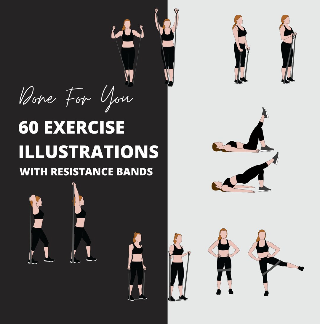 60 Exercise Illustrations: Resistance Band Workout Clipart (PNG) - Etsy