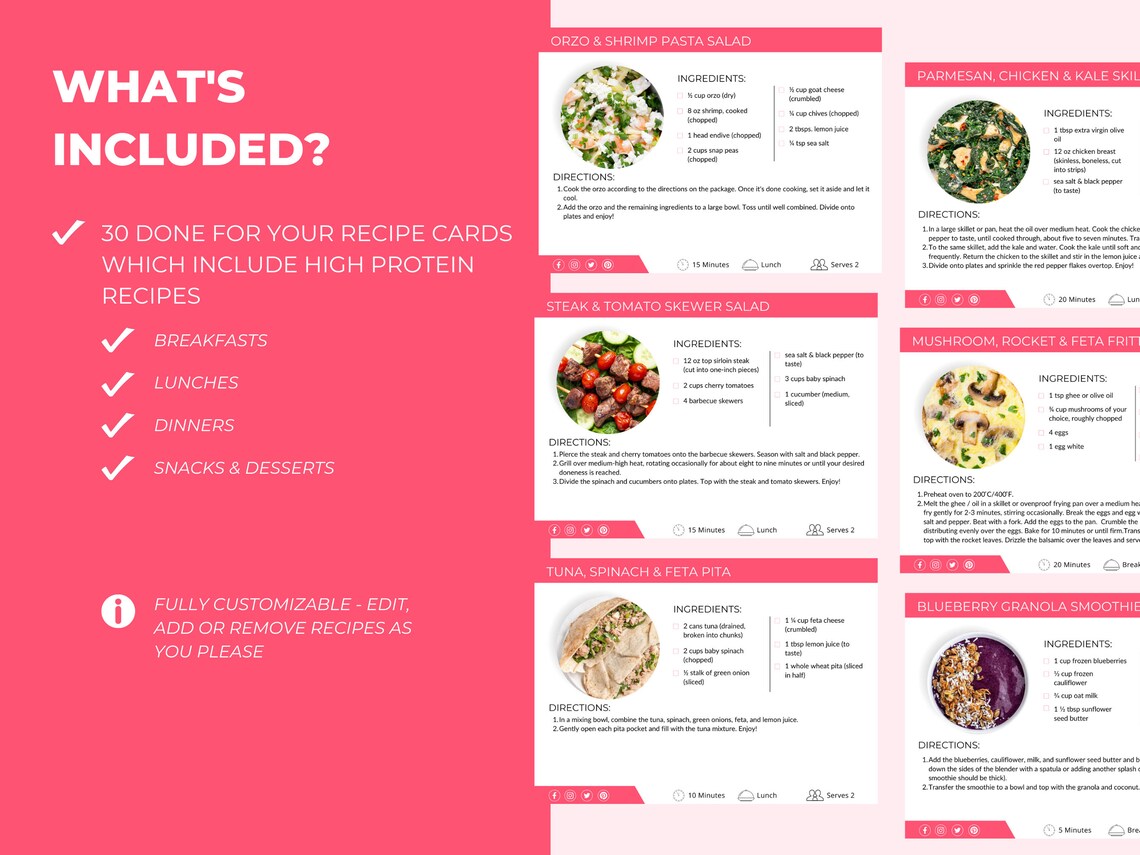 Recipe Card Template 4 X 6 and 5 X 7 With 30 High Protein Recipes, PLR ...
