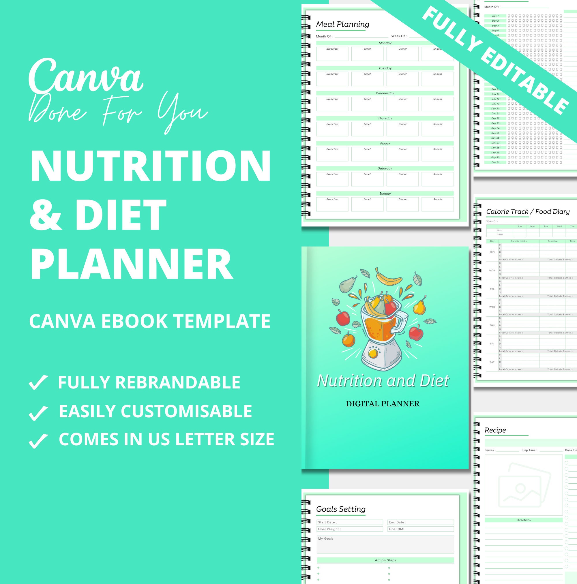 Nutrition & Diet Planner Template, Canva Planner Template, Digital ...