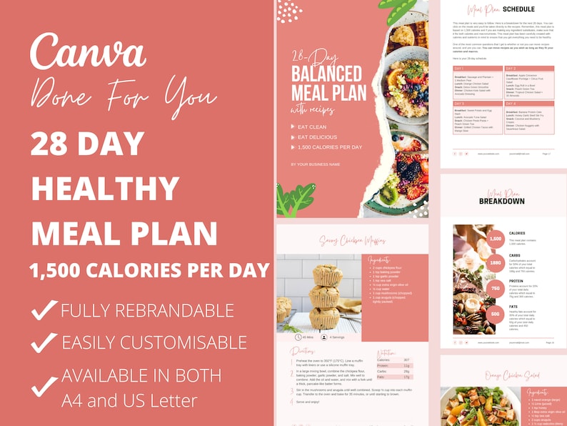 28-day Meal Plan Template With Healthy Recipes 1500 Calories - Etsy