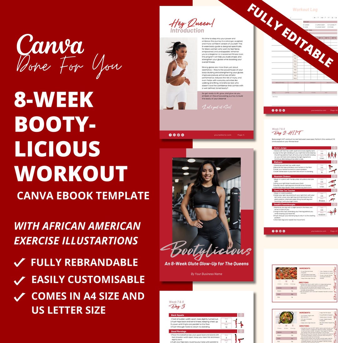 8-week Bootylicious Workout Program, PLR Digital Product, Canva Ebook Template, Done for You ...