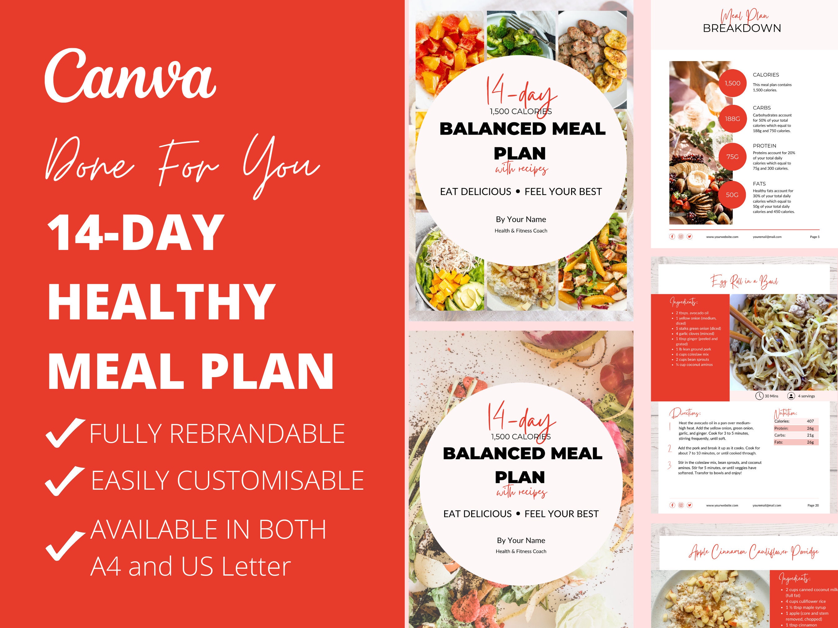 14-day Meal Plan Template With Healthy and Delicious Recipes, 1,500 ...