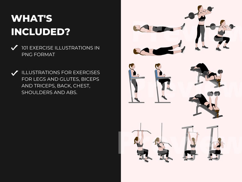 101 Fitness Exercise Illustrations: PNG Clipart Bundle (digital ...