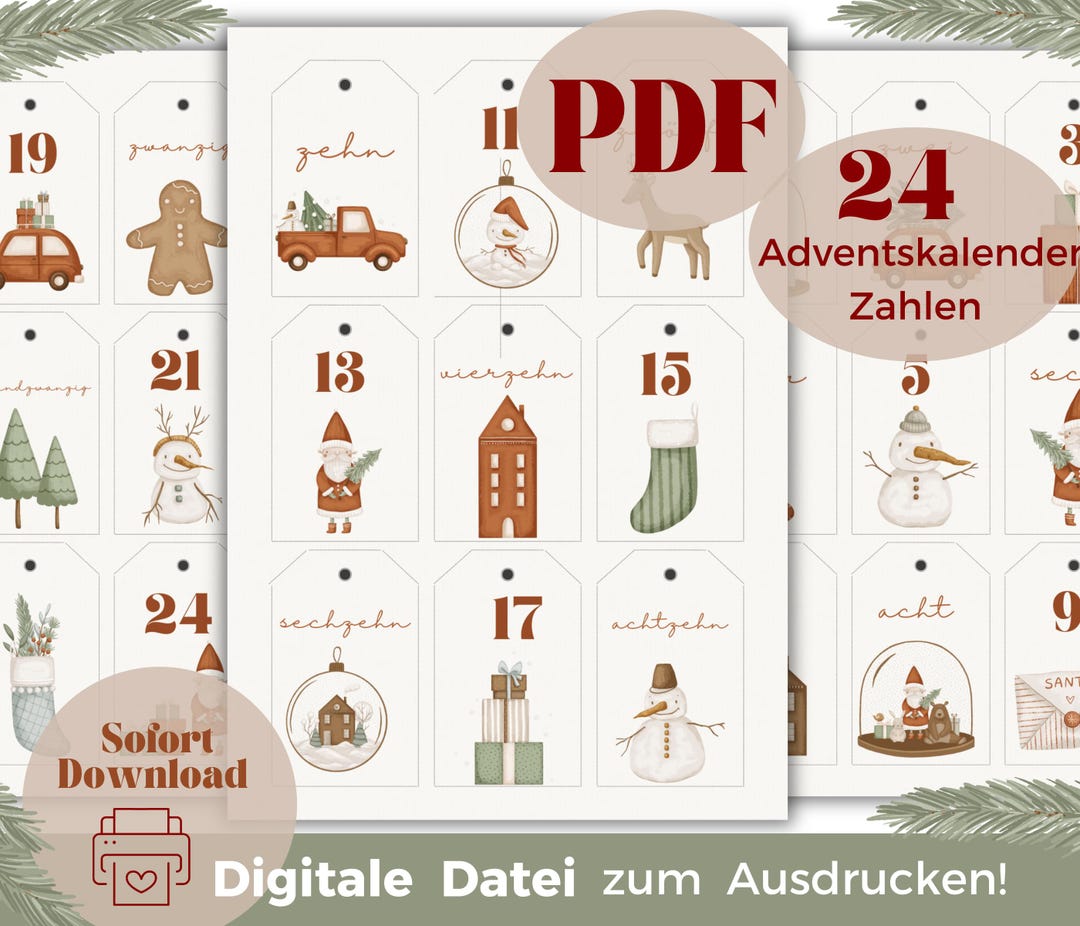 Advent Calendar Numbers to Print, Number 1-24 Christmas Calendar PDF ...