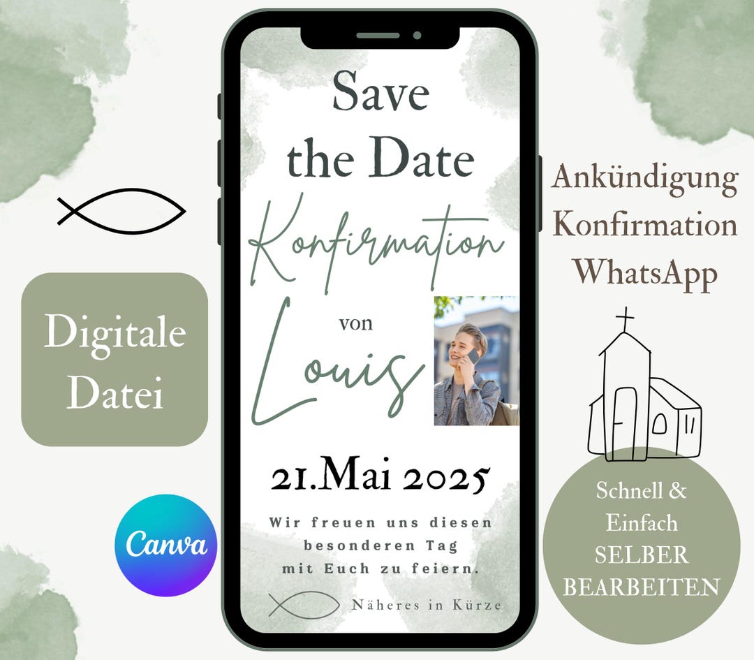 Save the Date Ecard Confirmation Communion Boy, Digital Canva Template ...