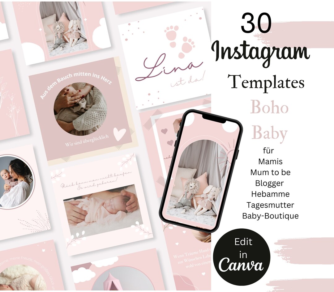Boho Baby Instagram Template Pink, Baby Bundle Social Media Post, 30 ...