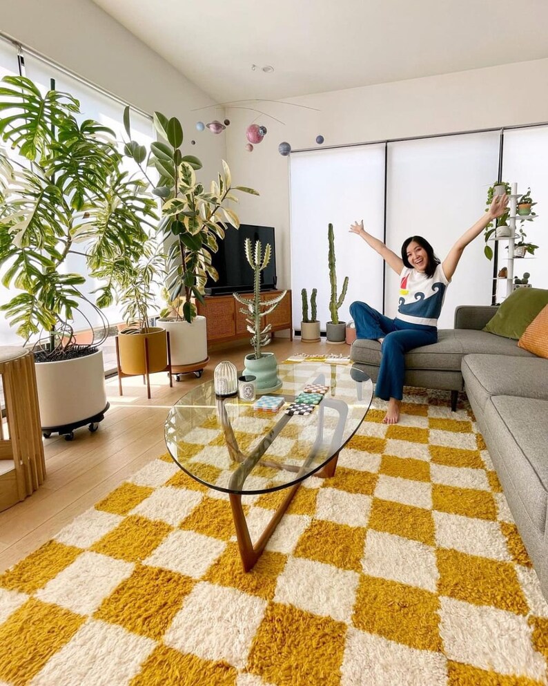 Wool Checkered Moroccan Area Rug Yellow Checkered Rug, Authentic Wool ...