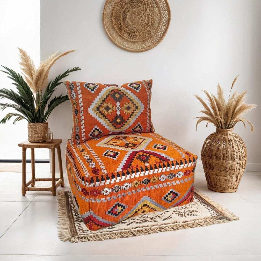Berber Pouf and Pillow Orange Pouf With Pillow Green Pouf 60x60x30cm ...