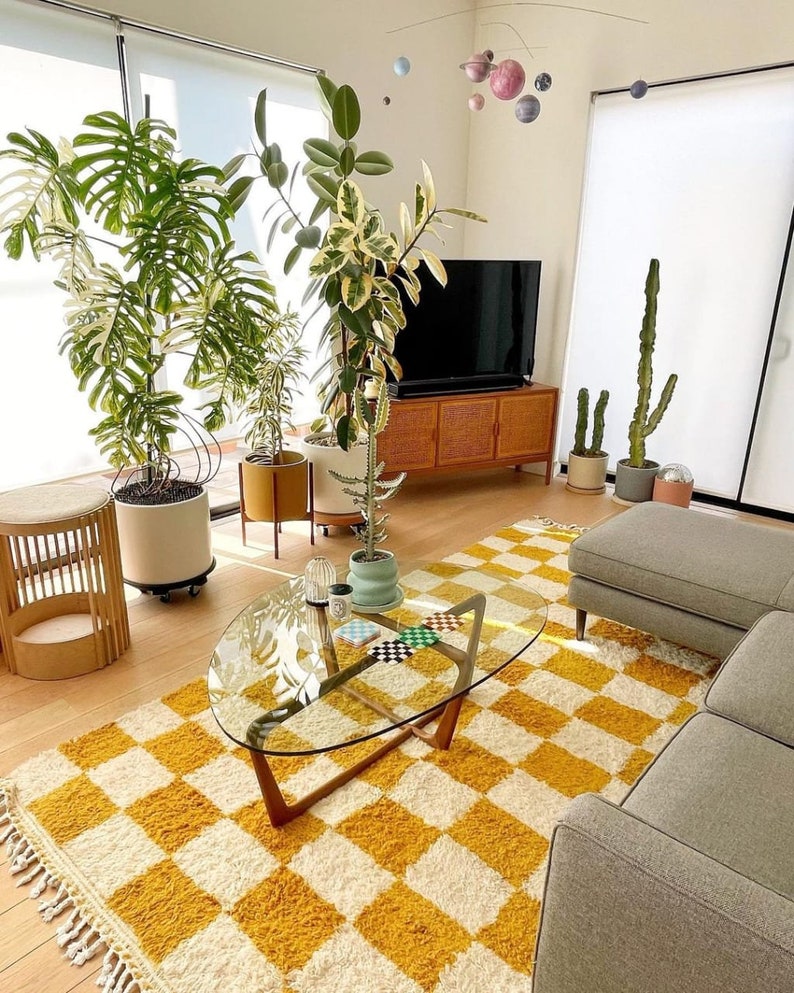 Wool Checkered Moroccan Area Rug Yellow Checkered Rug, Authentic Wool ...