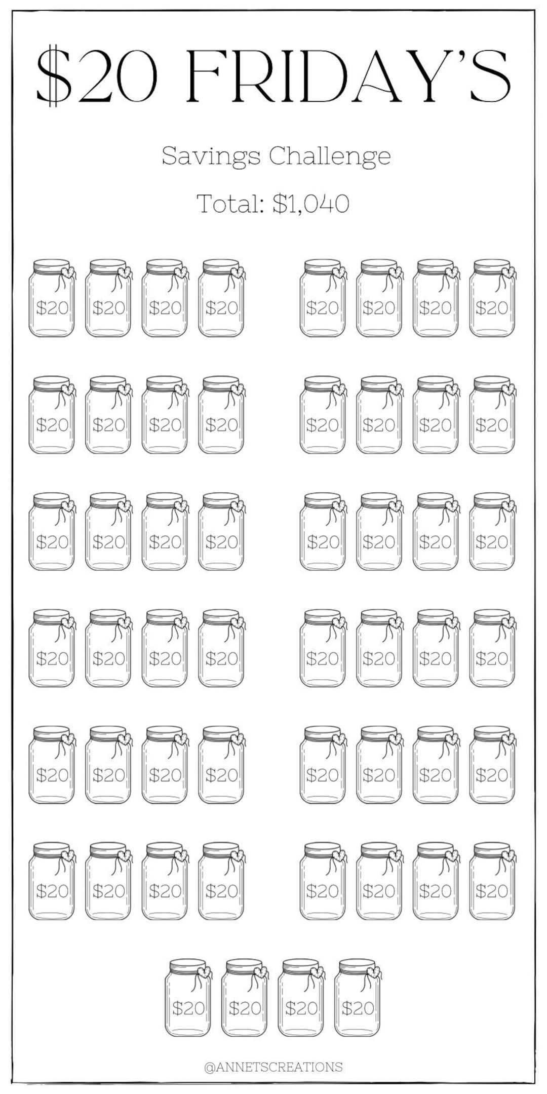 20 Dollar Friday Savings Challenge | Save 1040 | Digital Download | Low ...