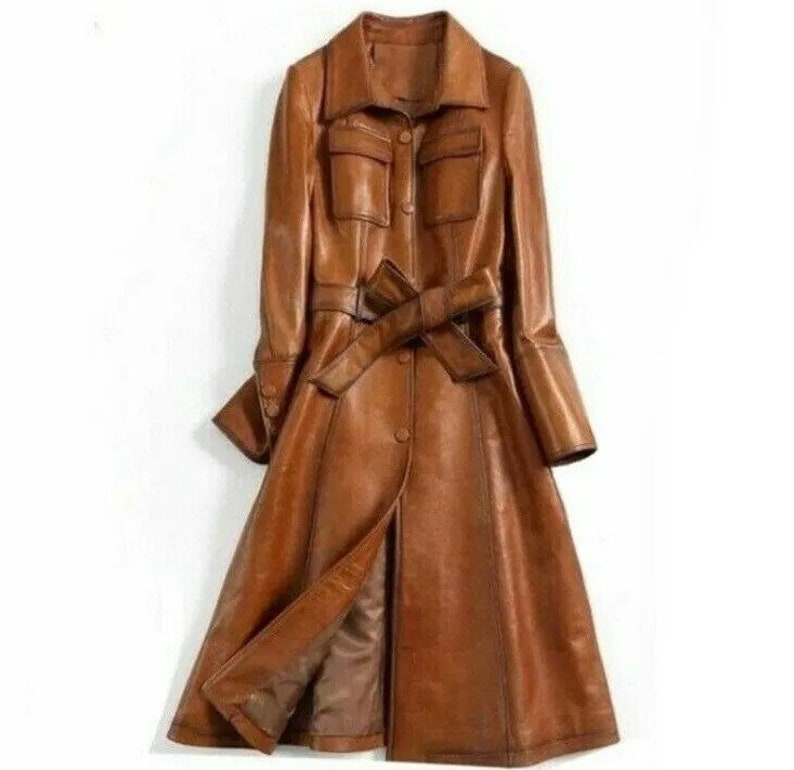 Italian Style Overcoat Tan Real Leather Trench Coat, Sashes Belt Long ...
