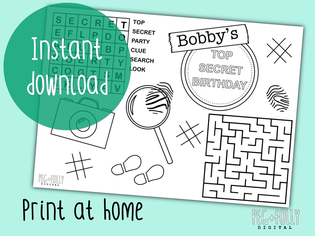 Personalised Spy Theme Birthday Activity Sheet / Top Secret - Etsy