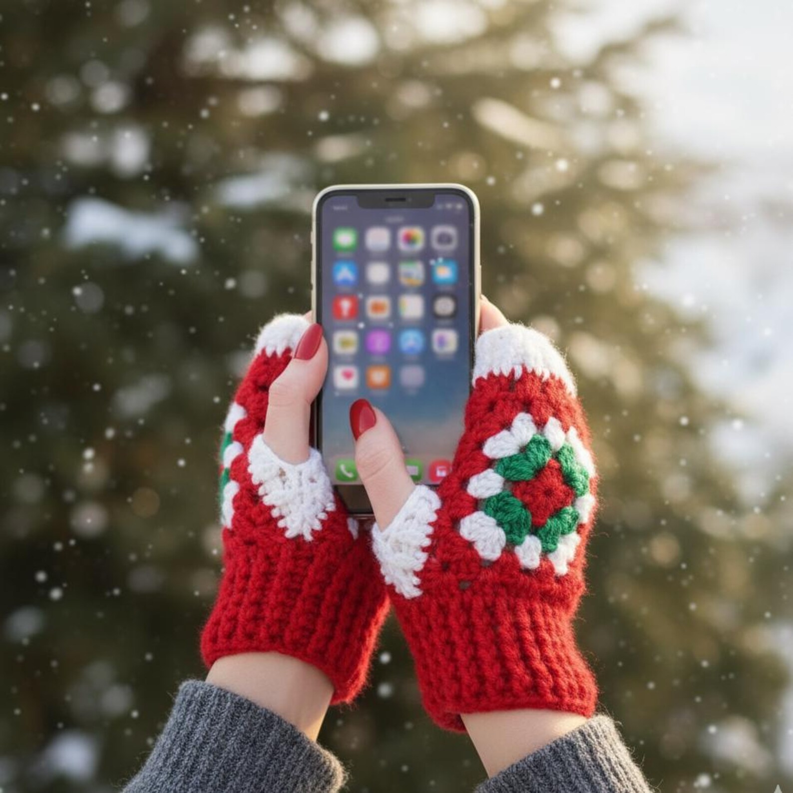Red Crochet Fingerless Gloves Women, Granny Square Short Fingers Wool ...