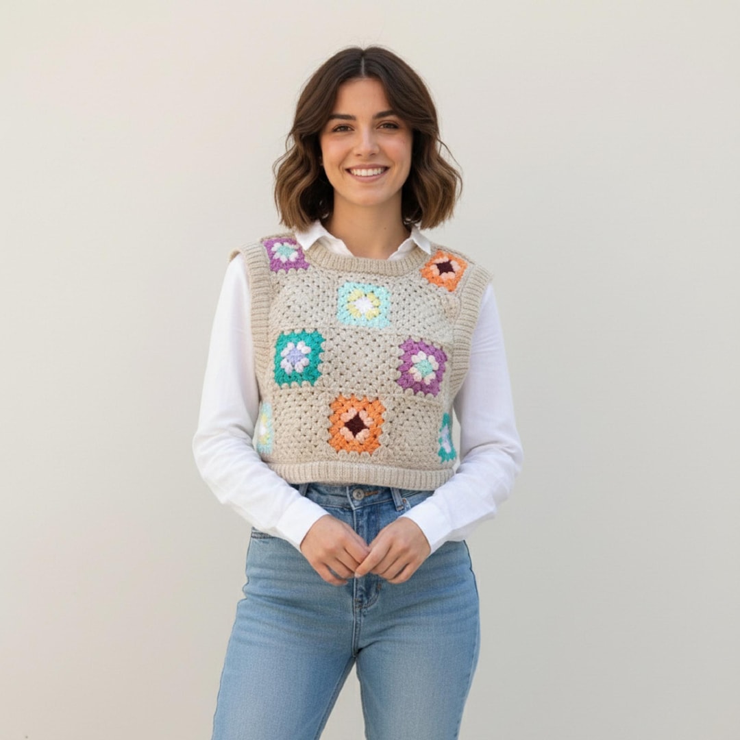 Cropped Granny Square Vest for Women, Sleeveless Crew Neck Knitted ...