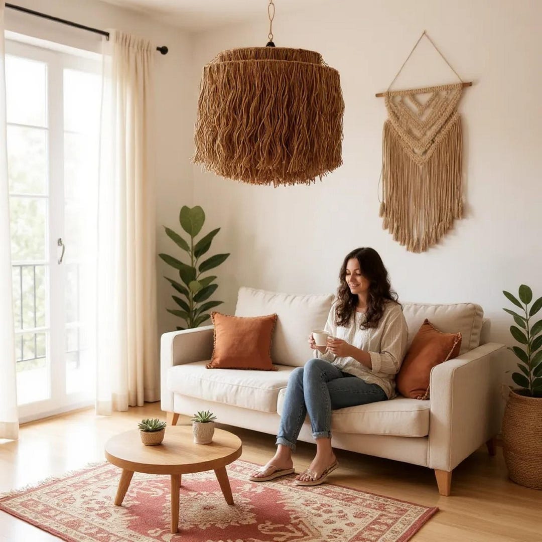 Boho Pendant Light Fixture, Jute Fringe Chandelier 55cm, Hanging ...