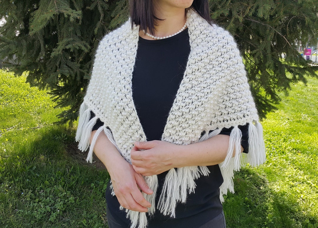 Bridal Pearl Shawl, Lace Wedding Shawl, Cream Crochet Shawl, Tassel ...
