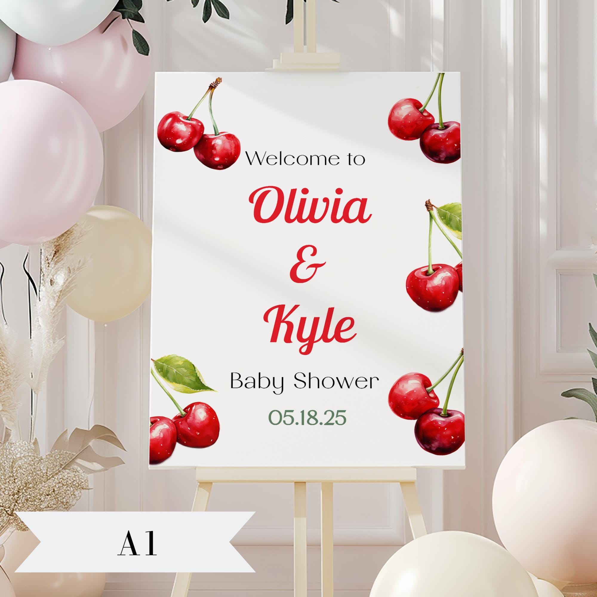 Editable Cherry Baby Shower Welcome Sign, A Sweet Cherry Surprise Baby ...