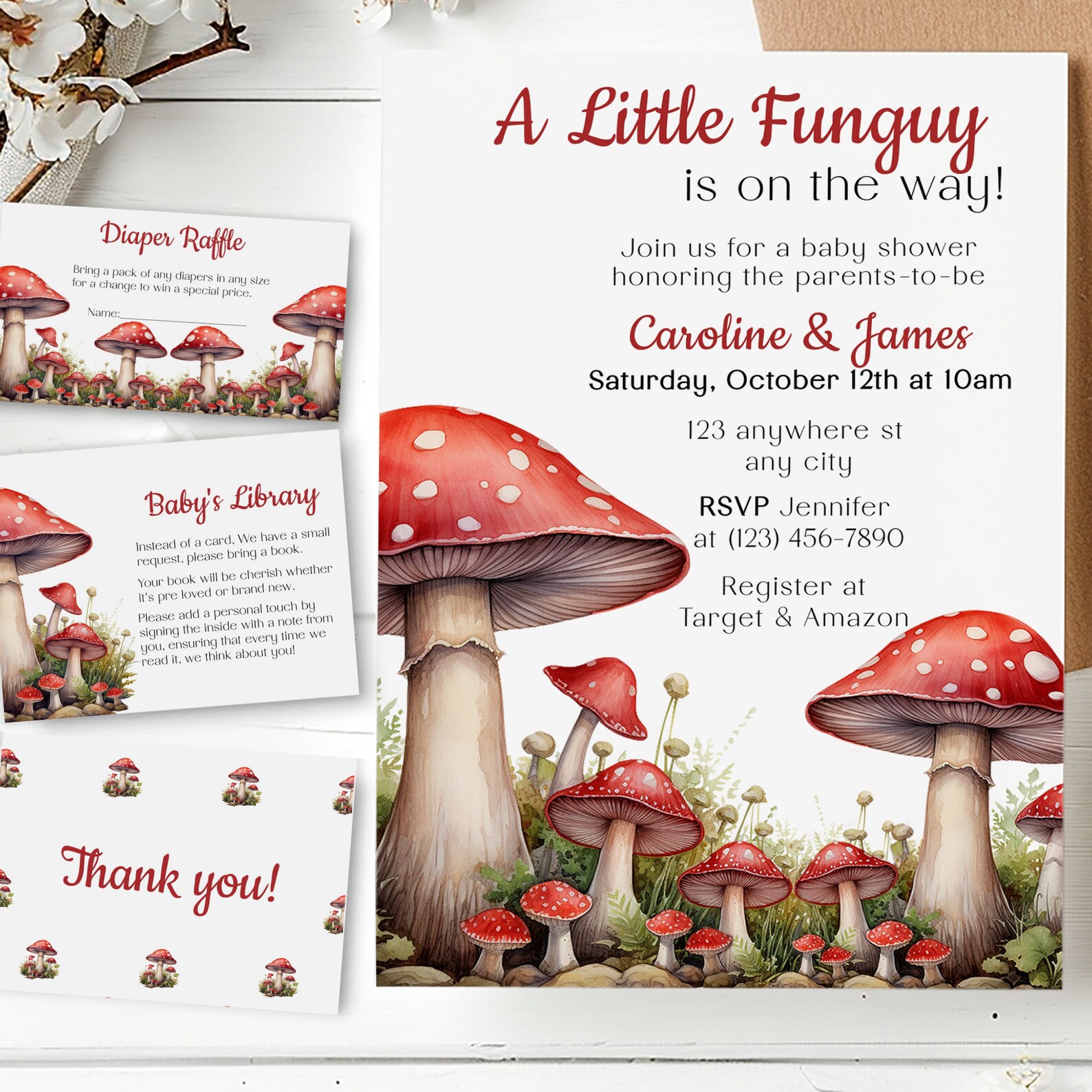 Mushroom Baby Shower Invitation Bundle A Little Funguy is on the Way Editable Mushroom Baby ...