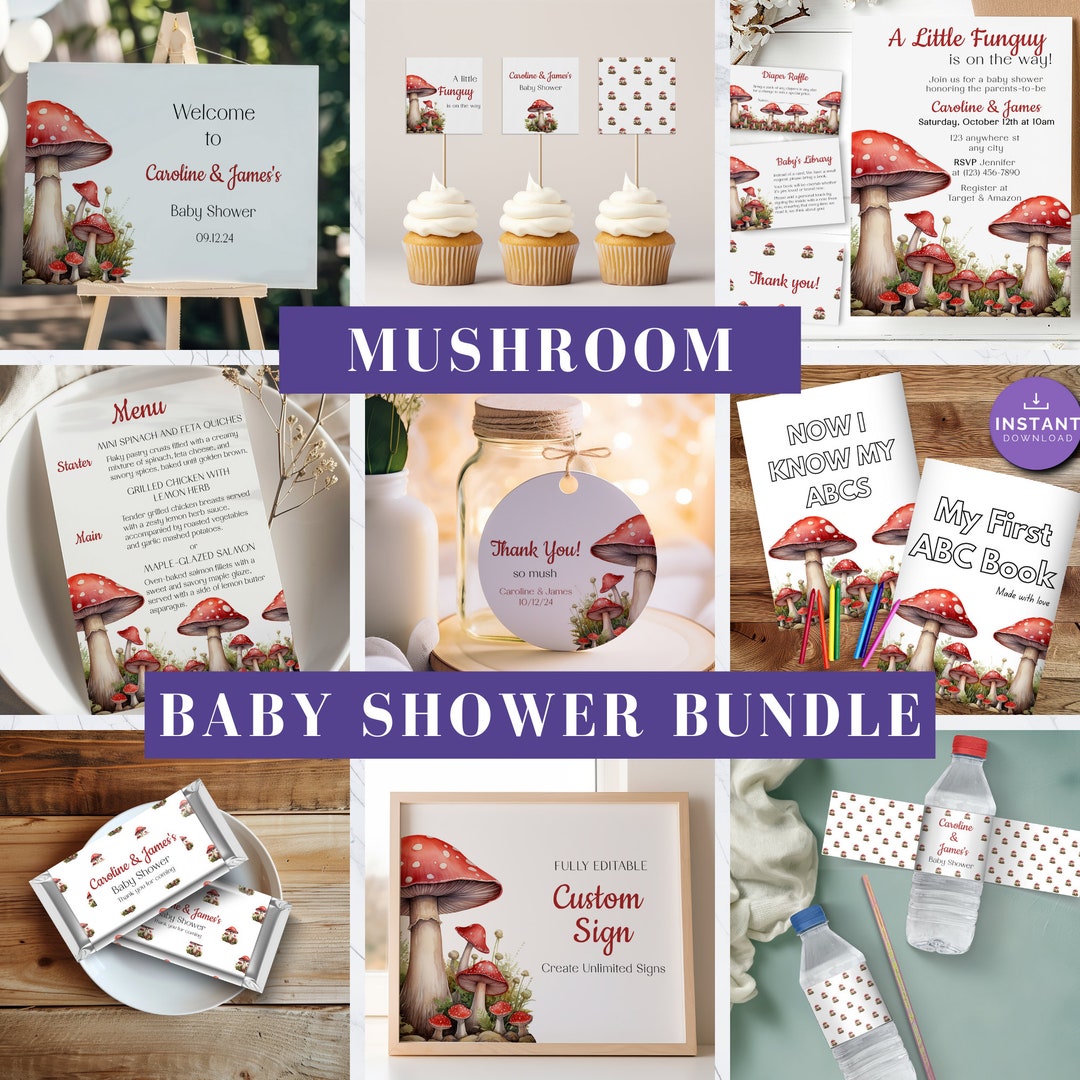 Mushroom Baby Shower Bundle | A Little Funguy | Editable Mushroom Bundle | Mushroom Sign & Decor ...