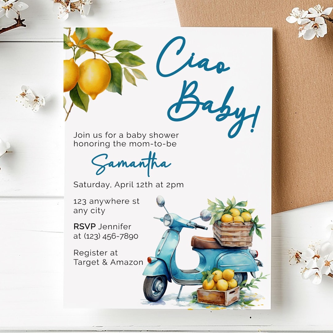 Ciao Baby Shower Invitation, Coastal Italy Baby Invites, Editable Lemon ...