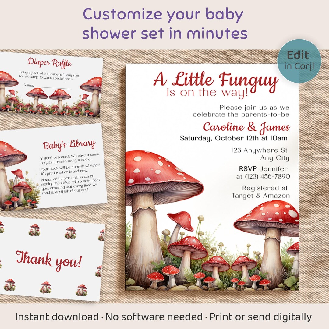 Editable Mushroom Baby Shower Invitation Bundle, A Little Funguy Woodland Toadstool Invite, Baby ...