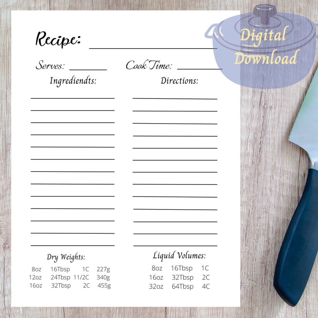 Pintable Recipe Card, Instant Download - Etsy