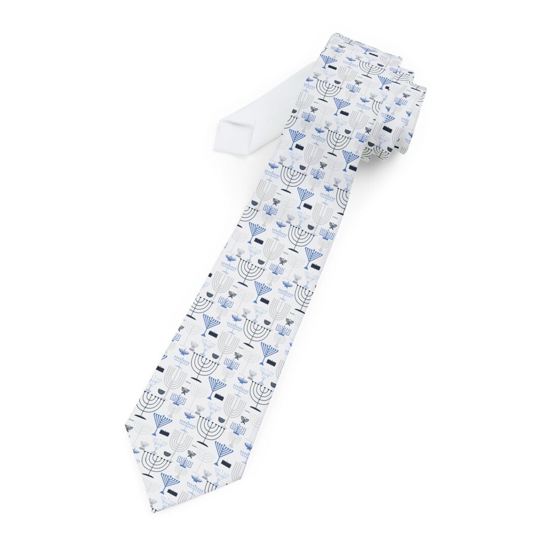 Menorah Pattern Necktie - Hanukkah Gift for Men - White Festival of ...
