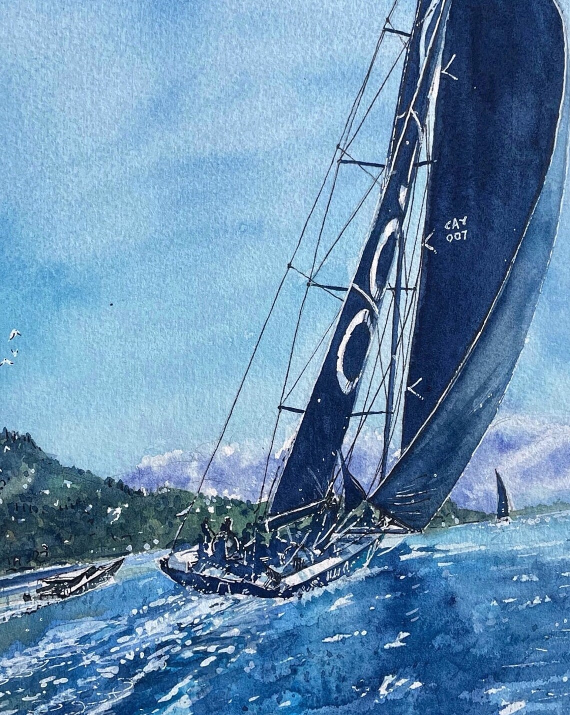 Sailing Yacht During Regatta - Sailing Boat Watercolor - 31x23cm/12x9in ...