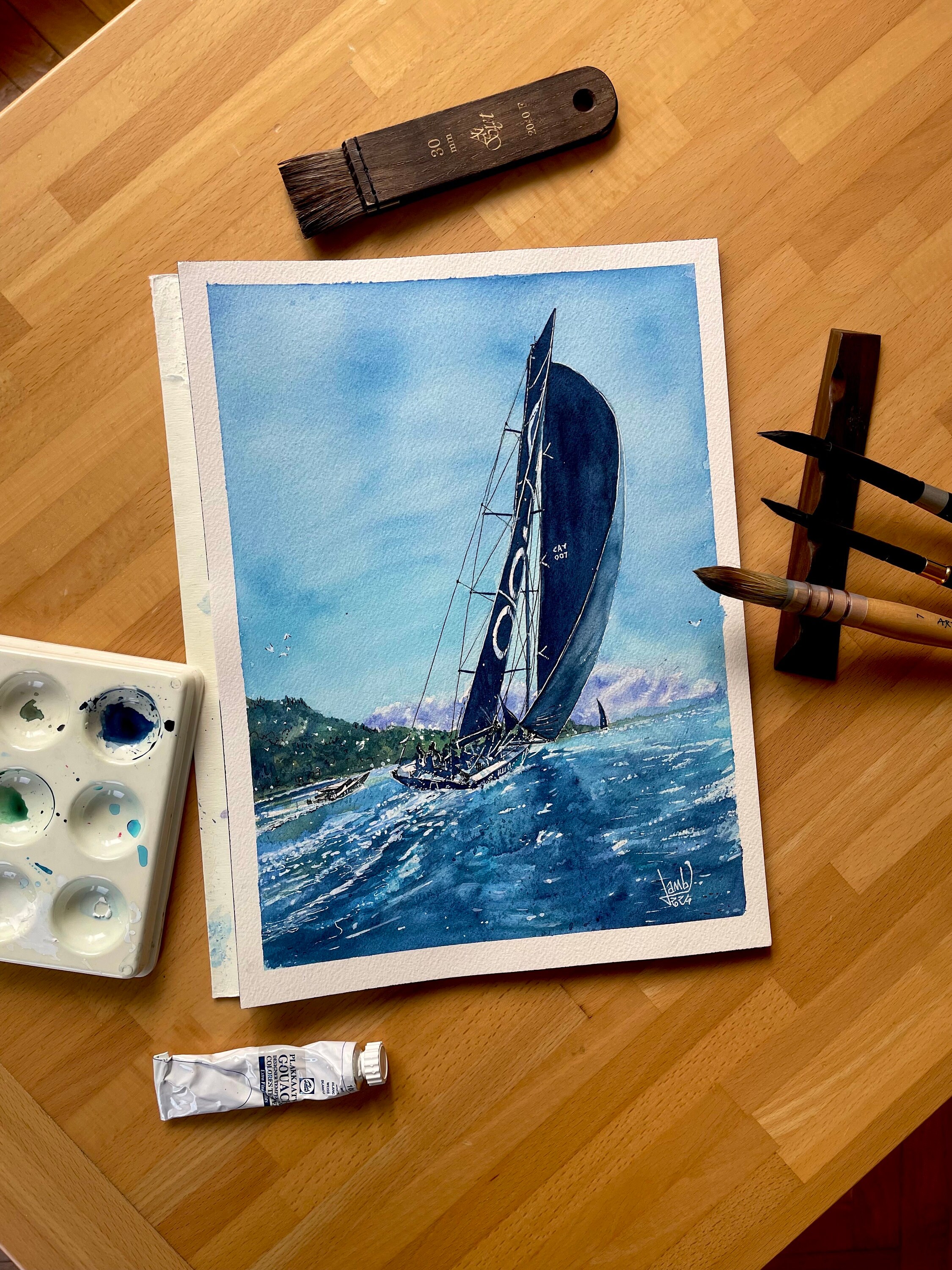 Sailing Yacht During Regatta - Sailing Boat Watercolor - 31x23cm/12x9in ...