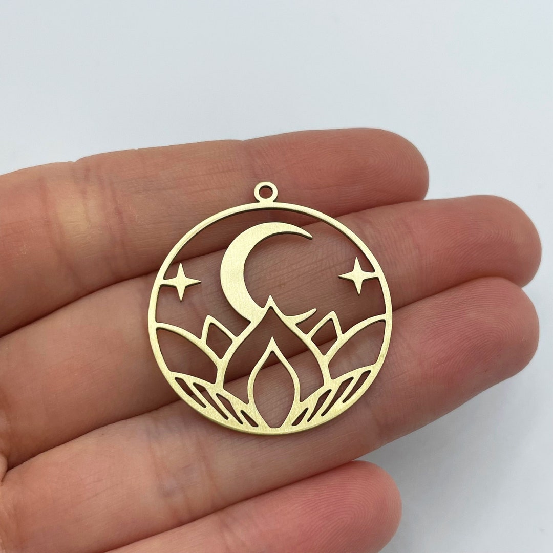 Raw Brass Round Crescent Lotus Charm, Brass Lotus Charm, Crescent Moon Pendant, Laser Cut Brass ...