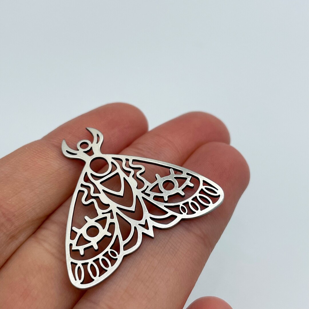 Steel Geometric Moth Charm, Stainless Steel Moth Pendant, Eye on Moth ...