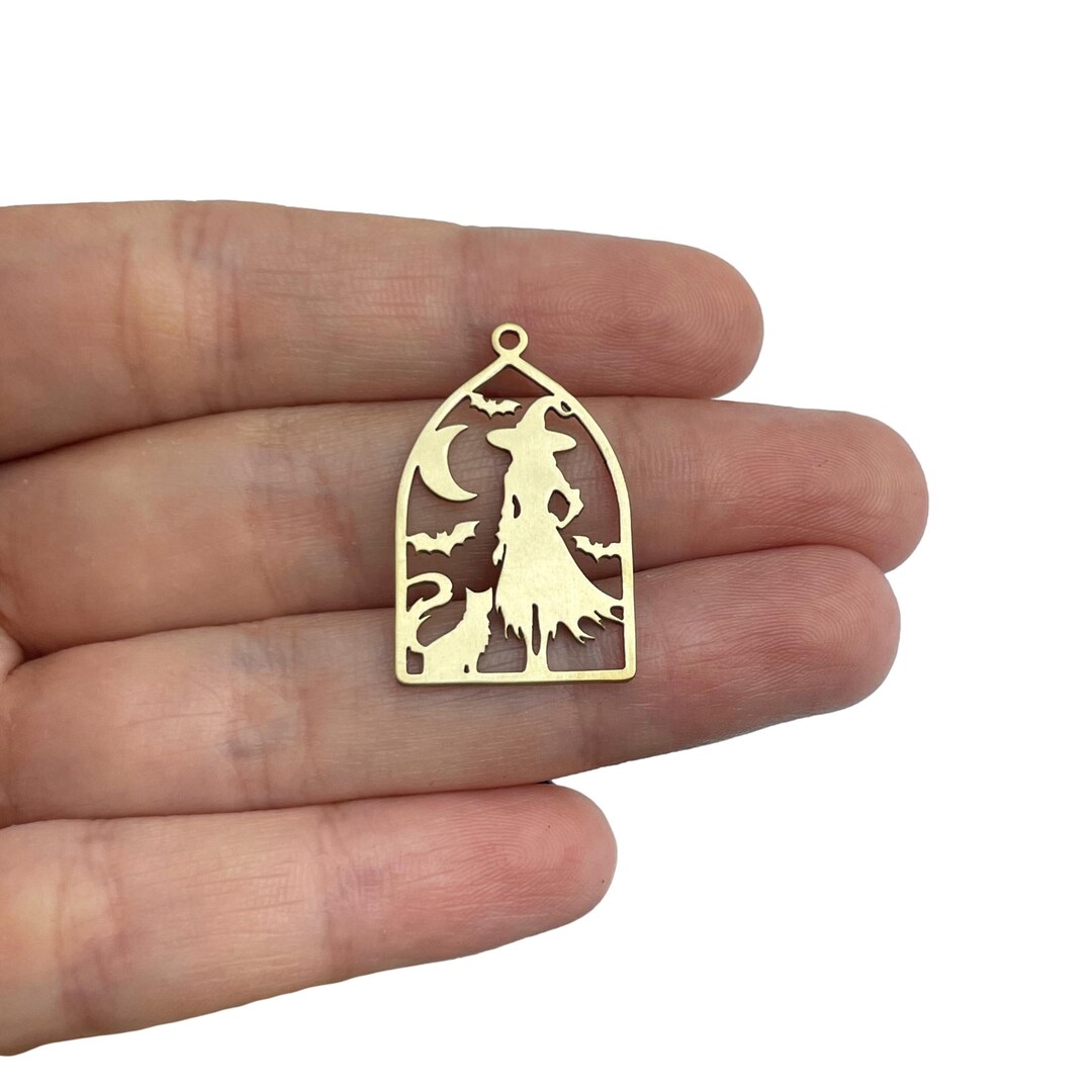19x30x0.8mm Brass Witch Charm, Witch Cat and Bats Charm, Halloween ...