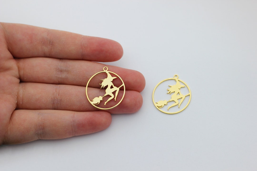 Shiny Gold Plated Witch Charm, Witch on a Broomstick Charm Pendant ...