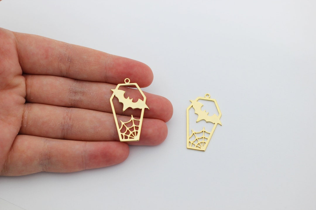20x33mm Coffin Charm, 24K Gold Plated Bat Spider Web Coffin Charm Pendant, Spooky Halloween ...