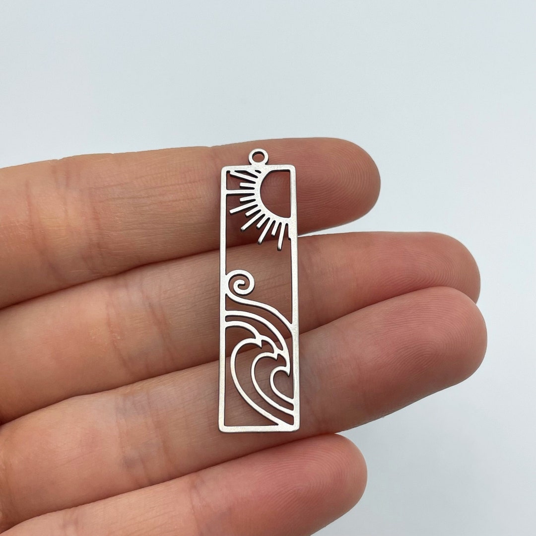 Stainless Steel Rectangle Bar Charm, Steel Sun and Waves Charm, Steel ...