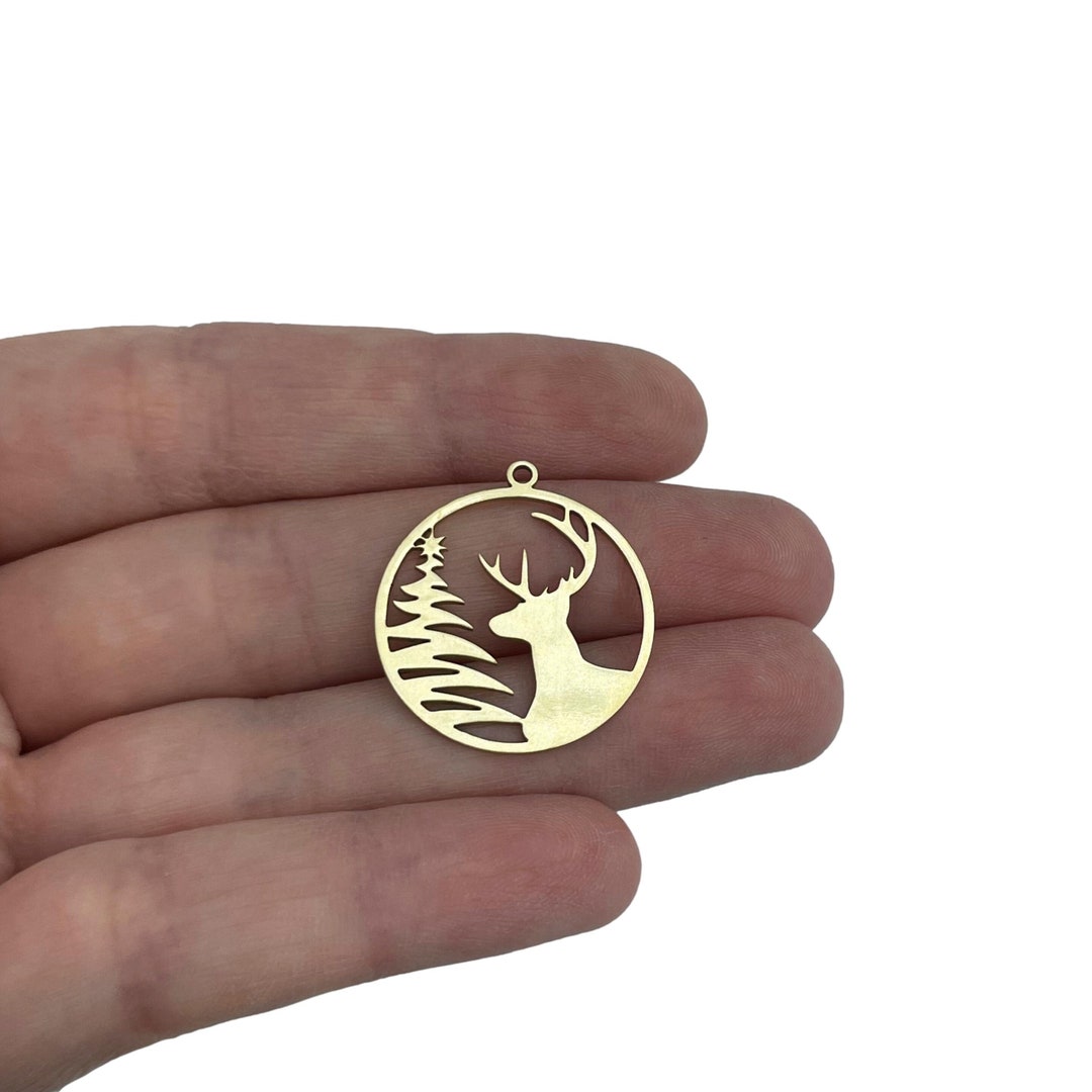 Raw Brass Round Reindeer Charm, Christmas Tree Charms, Laser Cut ...