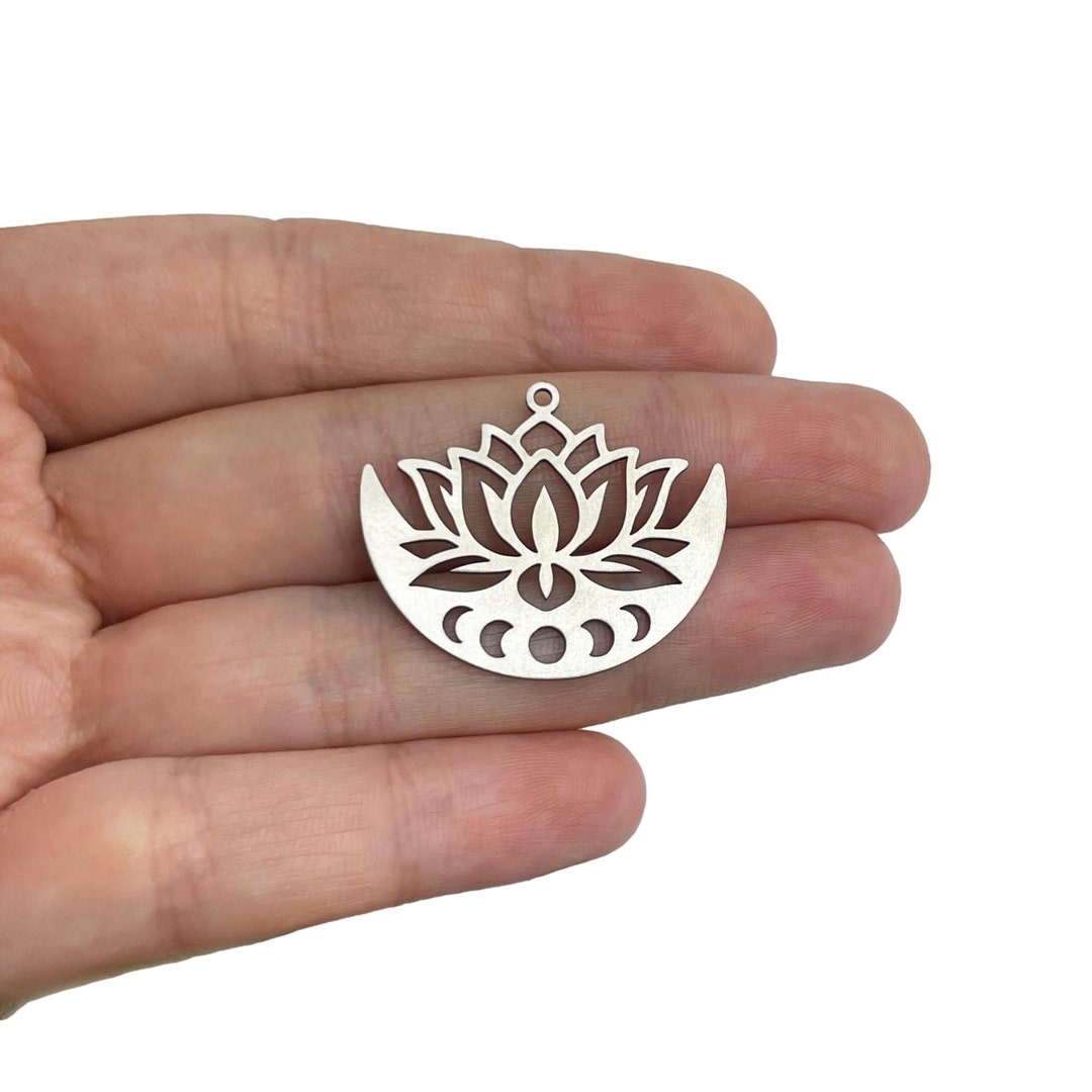 Stainless Steel Crescent Moon Lotus Charm, Steel Lotus Charm, Moon Phase Charm, Laser Cut ...