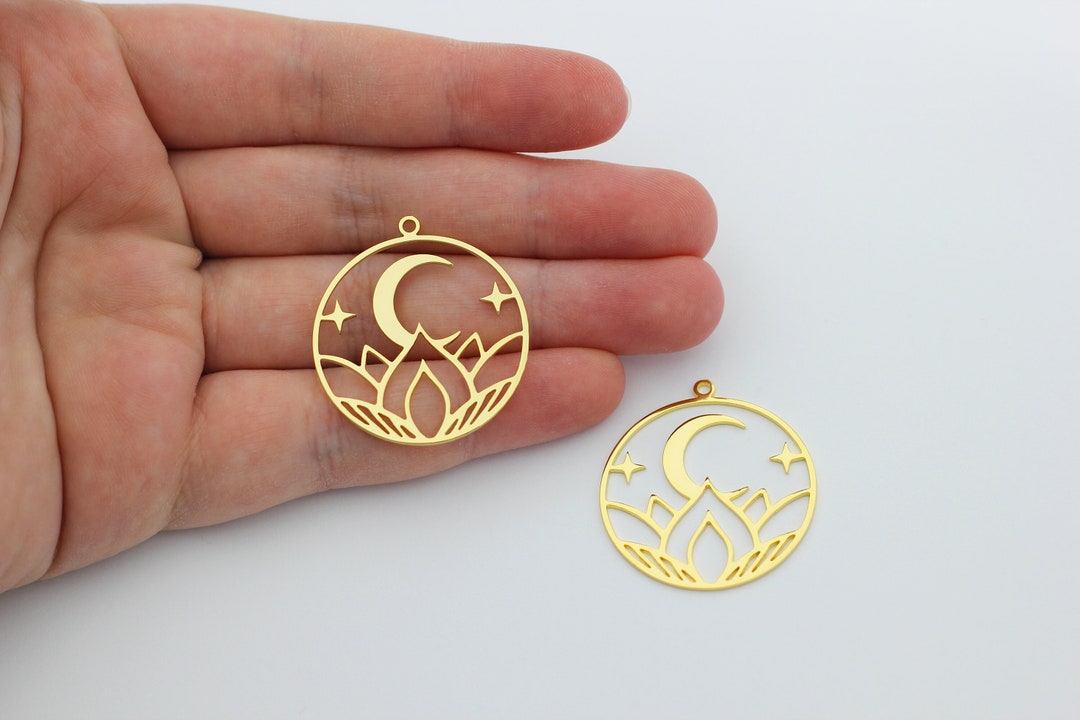 24K Gold Plated Round Crescent Lotus Charm Pendant, Crescent Moon ...