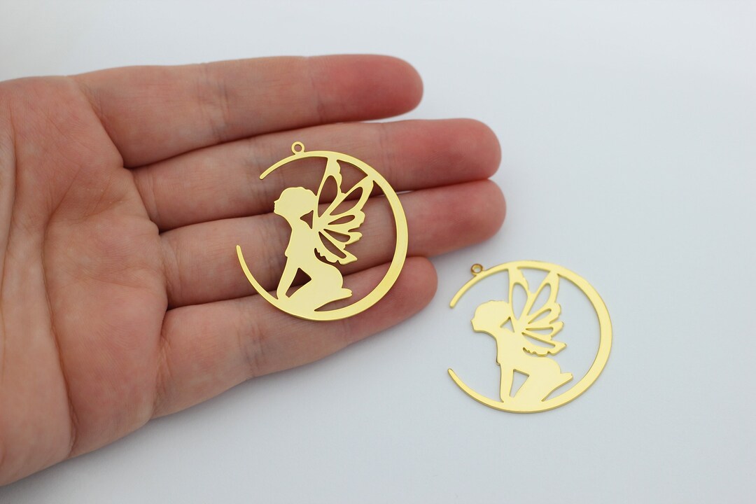 24k Shiny Gold Fairy Charm, Moon With Fairy Pendant, Angel Charm, Gold ...