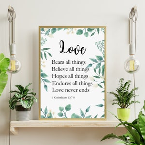 1 Corinthians 13:7-8 Love Bears Bible Verse Printable Wall Art Greenery ...