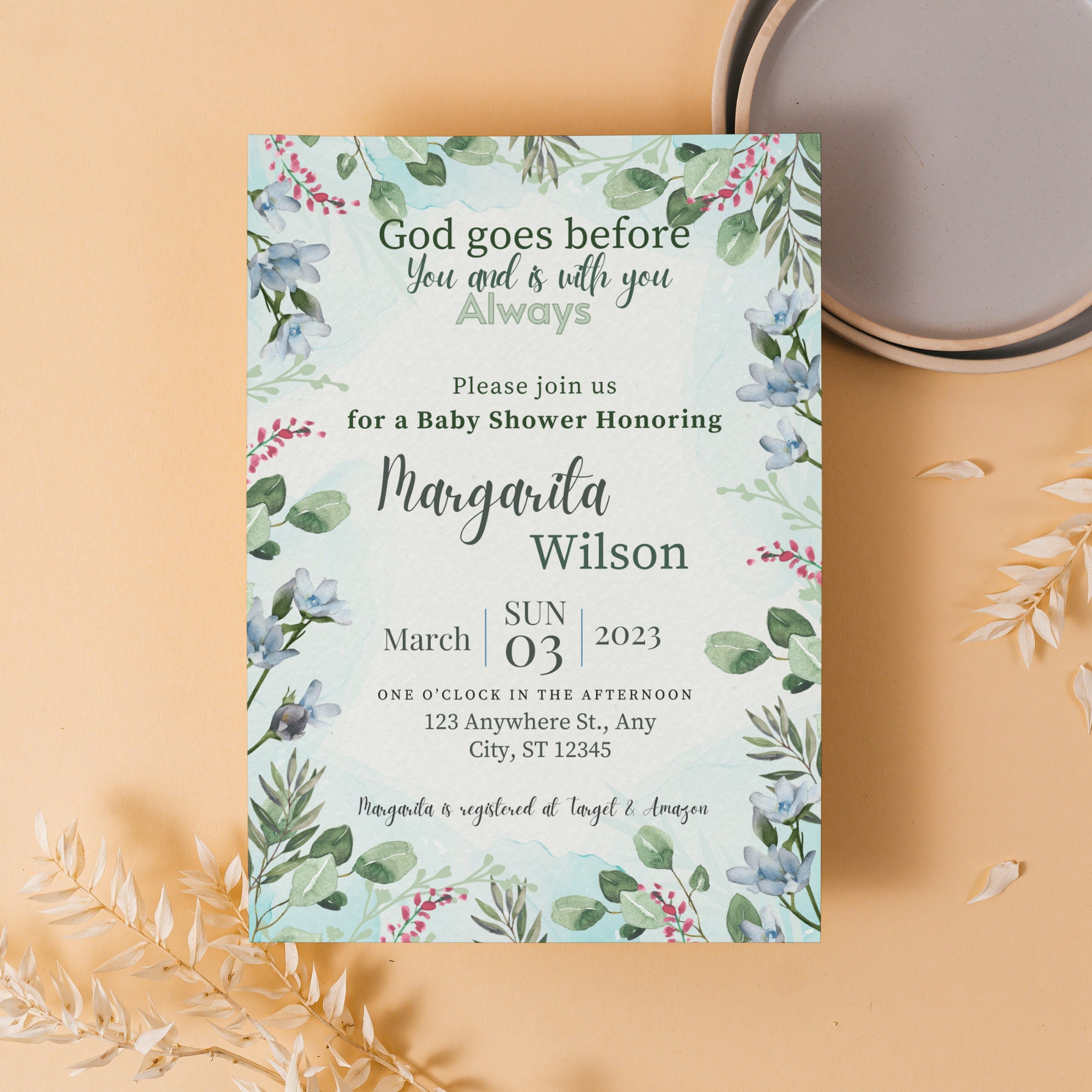 God Goes Before You Greenery Baby Shower Invite Editable Greenery ...