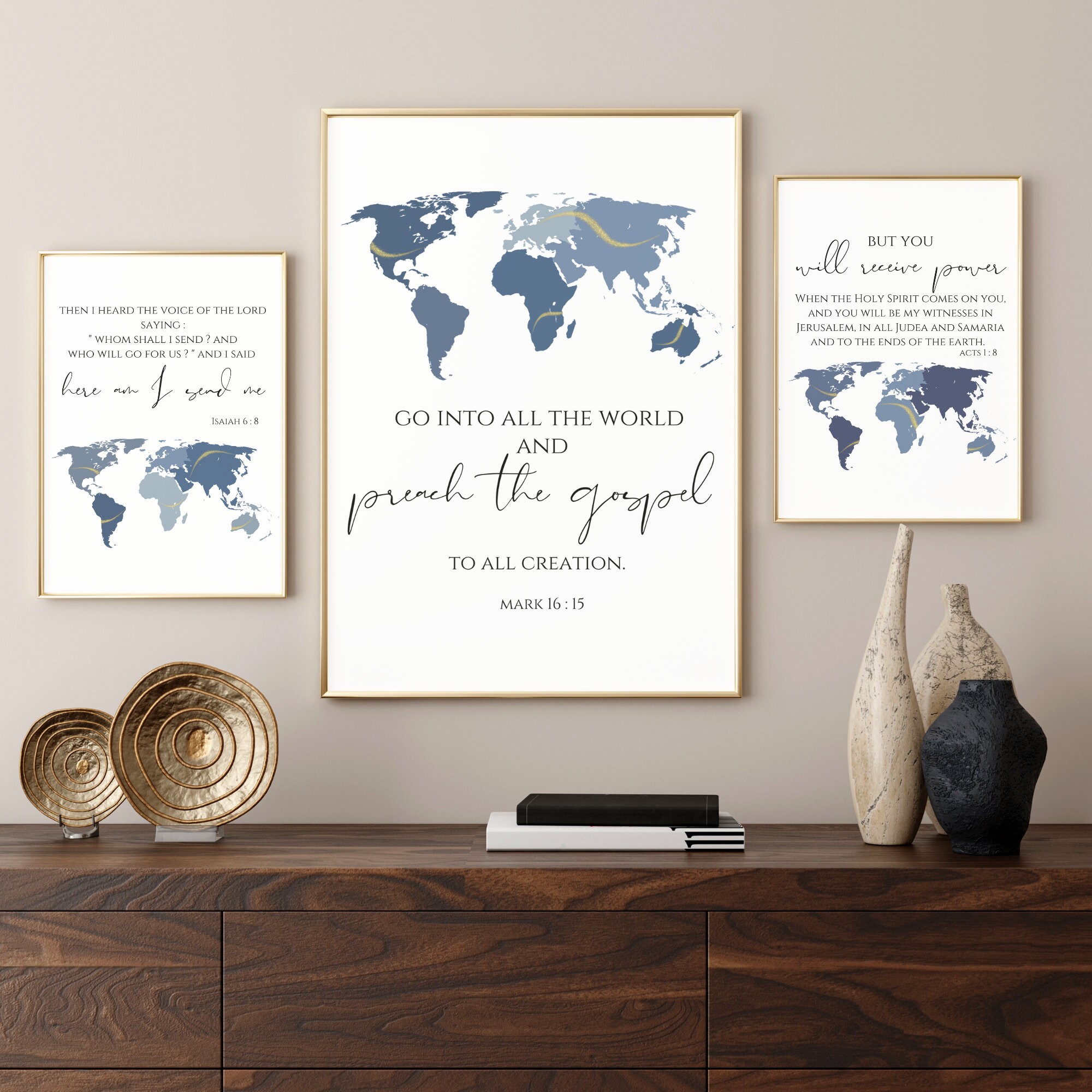 Acts 1:8 Set of 3 World Map Wall Art Printable Minimalistic Verses ...