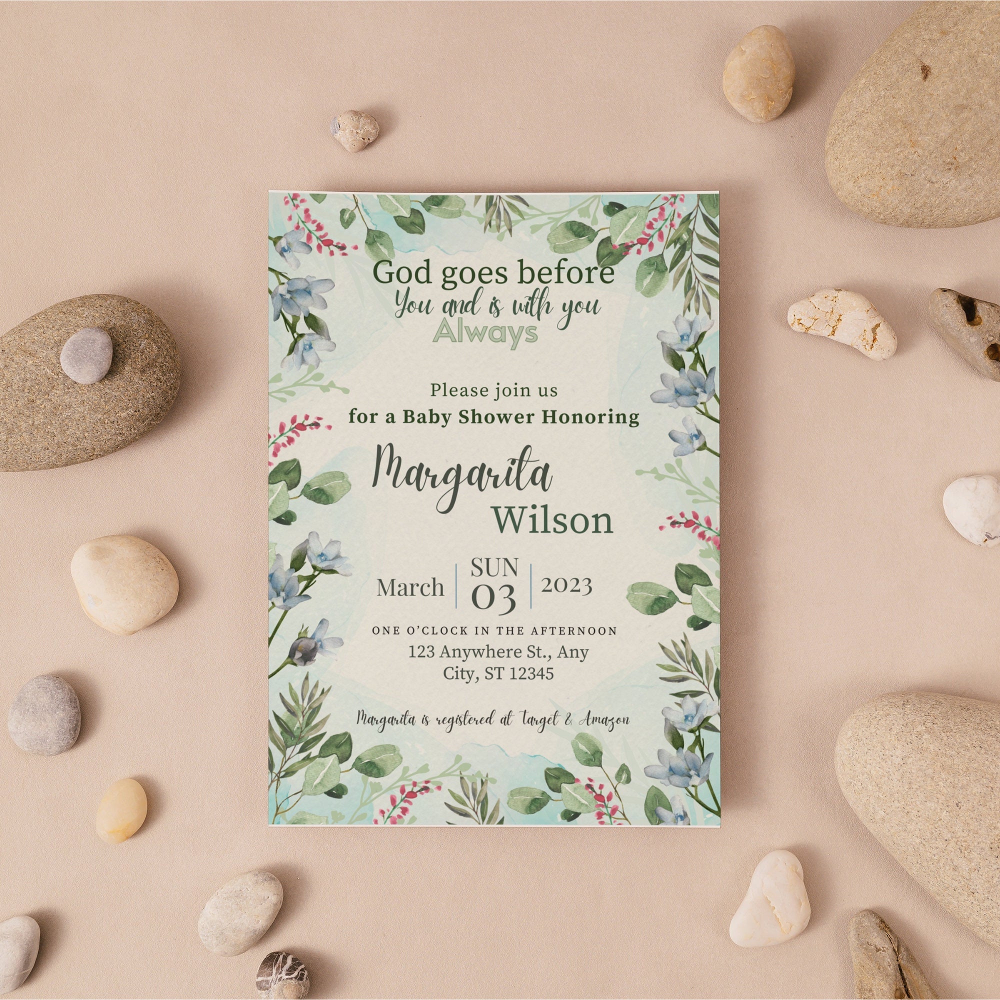 God Goes Before You Greenery Baby Shower Invite Editable Greenery ...