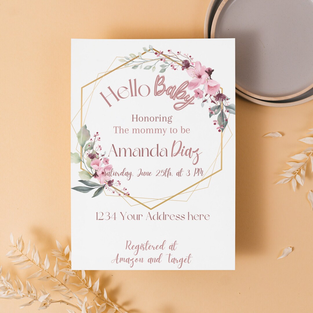 Hello Baby Floral Baby Shower Invitation, Baby Shower Invitation, Pink ...