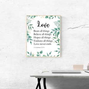 1 Corinthians 13:7-8 Love Bears Bible Verse Printable Wall Art Greenery ...