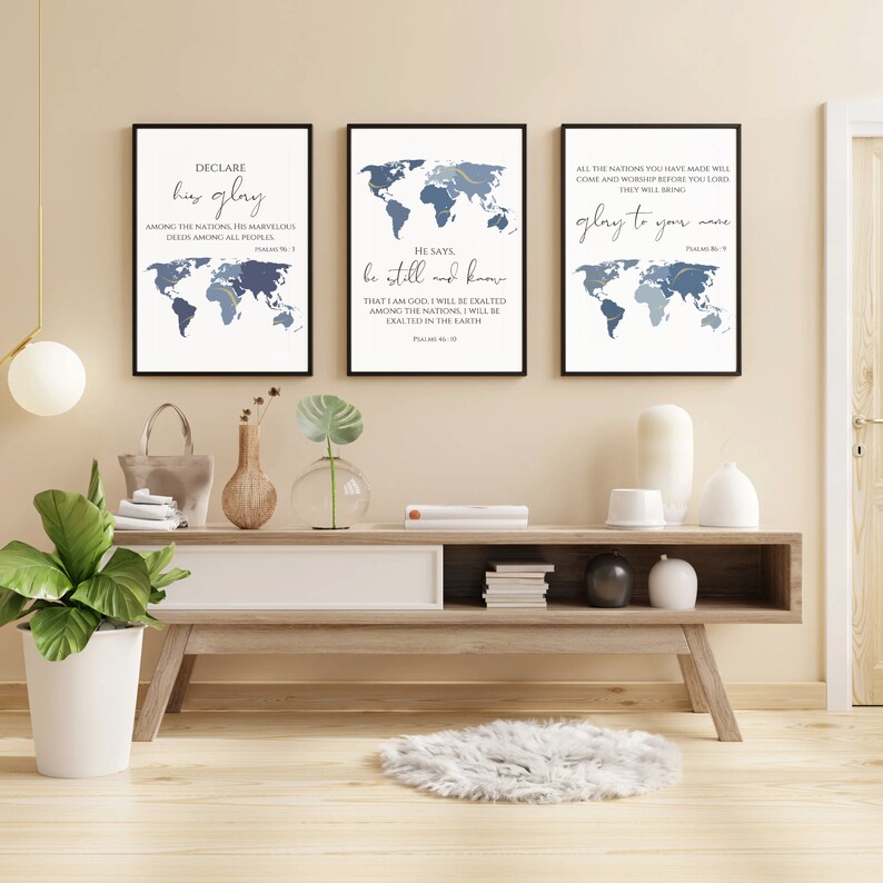 World Map Bible Verse Art Prints: Psalms Set of 3 (digital Download ...