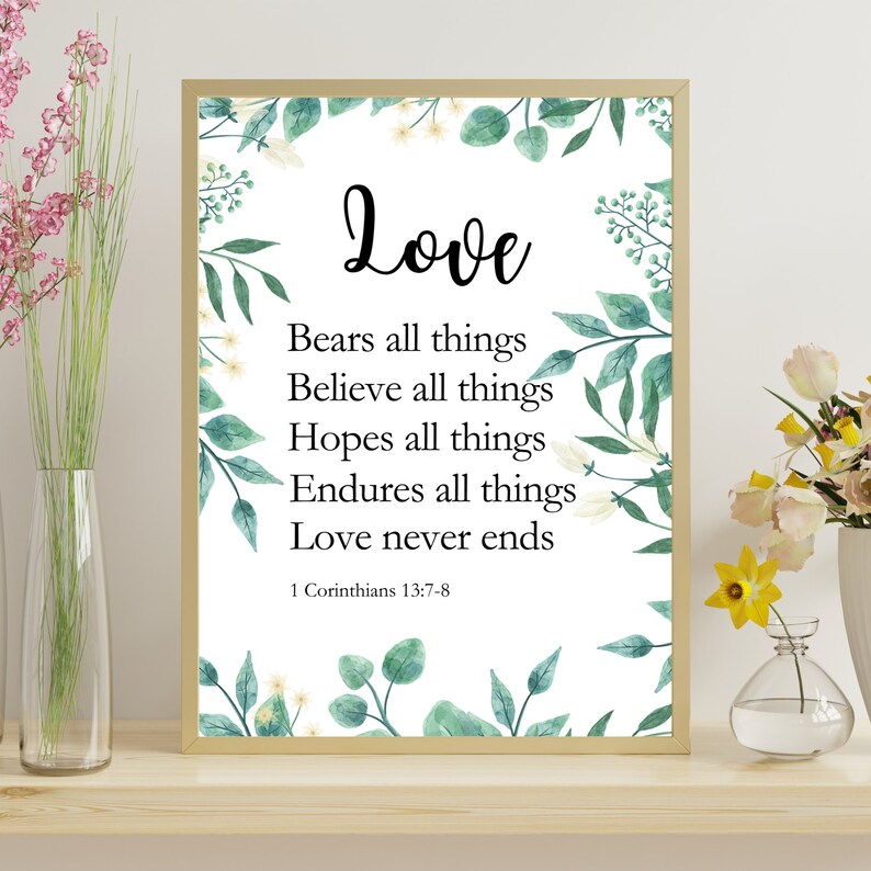 1 Corinthians 13:7-8 Love Bears Bible Verse Printable Wall Art Greenery ...