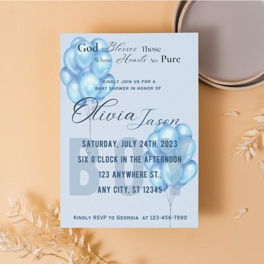 Blue Balloons Baby Shower Invitation, Christian Baby Shower Invitation ...