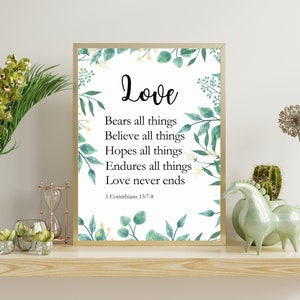 1 Corinthians 13:7-8 Love Bears Bible Verse Printable Wall Art Greenery ...