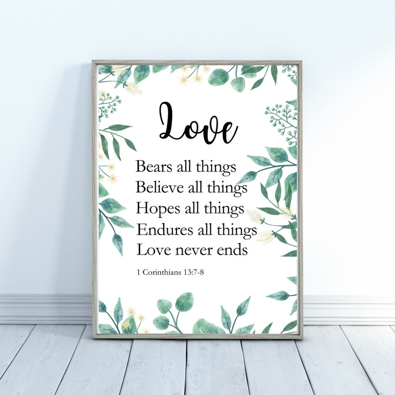 1 Corinthians 13:7-8 Love Bears Bible Verse Printable Wall Art Greenery ...
